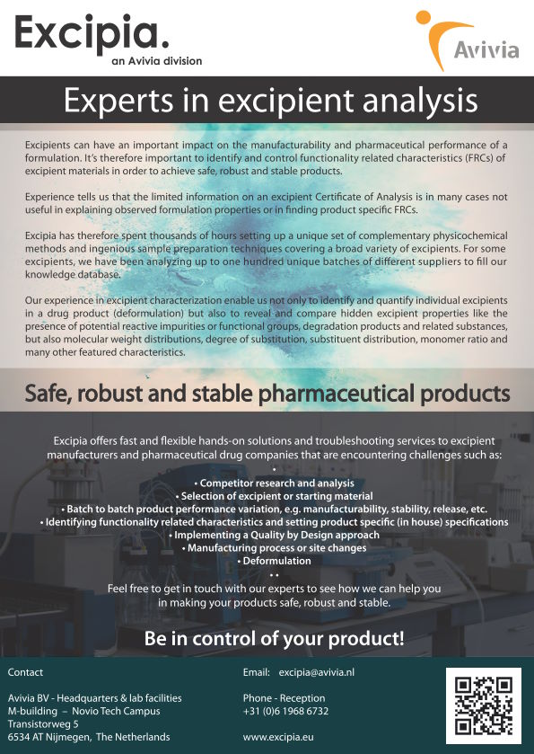Excipia unique excipient characterisation services | Avivia BV | CPHI Online
