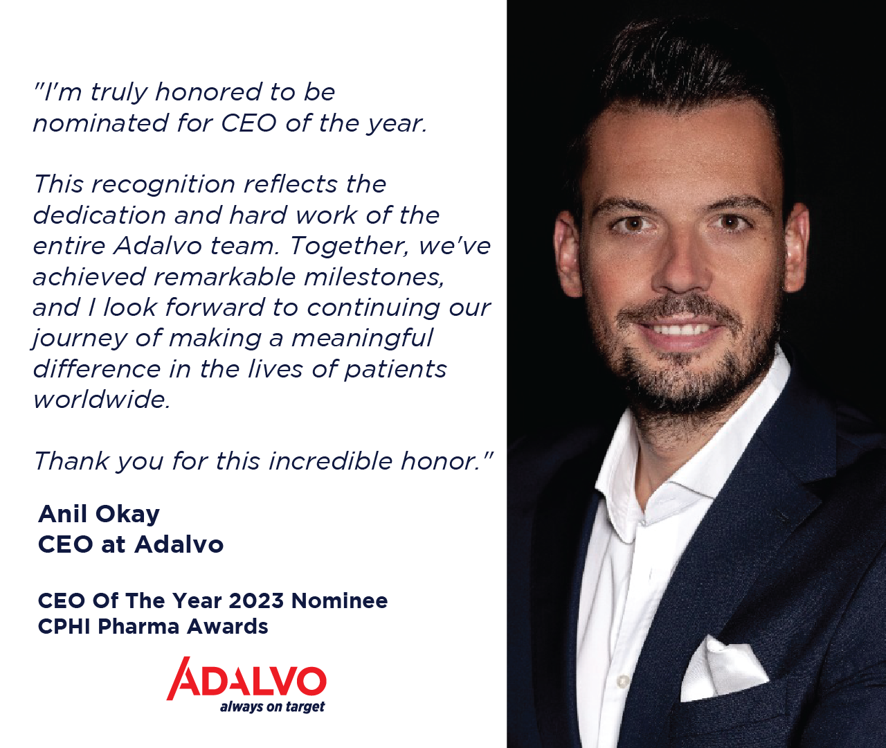 Adalvo CEO, Anil Okay nominated as finalist for CEO of the... | CPHI Online